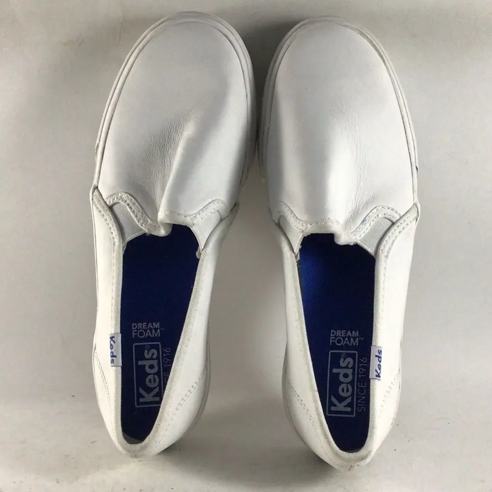 Keds | Shoes | Keds White Slipon Leather Sneakers With Subtle Blue Logo ...